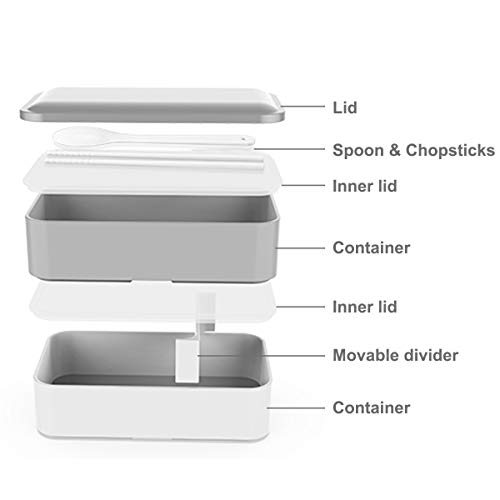Back to School Students Adults Lunch Box for Men Japanese Bento Box 2 Tier Lunchbox Stackable Food Container with Built-in Utensil Set Insulated Lunch Bag Soup Mug Compartment for Office Work Camping