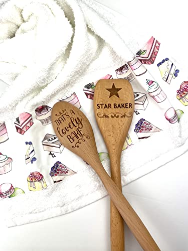 Star Baker Wooden Spoon Dishtowel Set, Laser Engraved Spoon Towel Gift Set, Star Baker Baking Gift for Baking Show Fans, Pastry Dishtowel, Baking Gift for Bakers, Personalization Optional