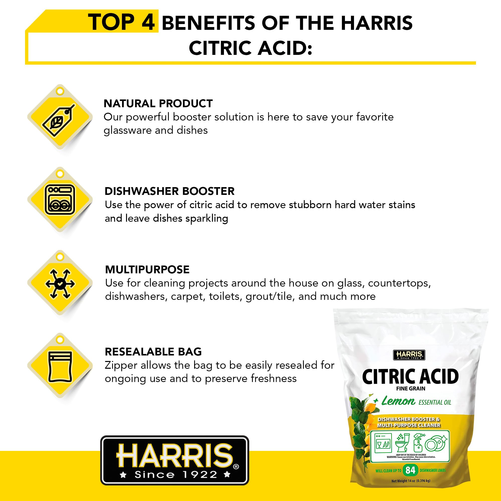 Harris Citric Acid Dishwasher Booster and Multipurpose Cleaner, 14oz, Cleans 84 Dishwasher Loads, with Scoop Included