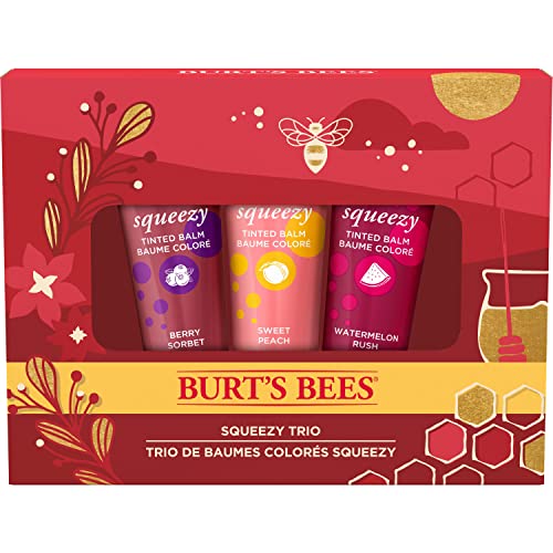 Burt's Bees Christmas Gifts, 3 Lip Care Stocking Stuffers Products, Squeezy Trio Tinted Lip Balm Set - Berry Sorbet, Sweet Peach & Watermelon Rush