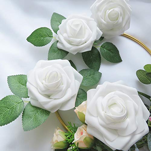 Artificial Flowers 25pcs White Real Looking Foam Rose Fake Flowers with Stem/Leaves for DIY Wedding Bouquets Centerpieces Floral Arrangments Home Party Decorations