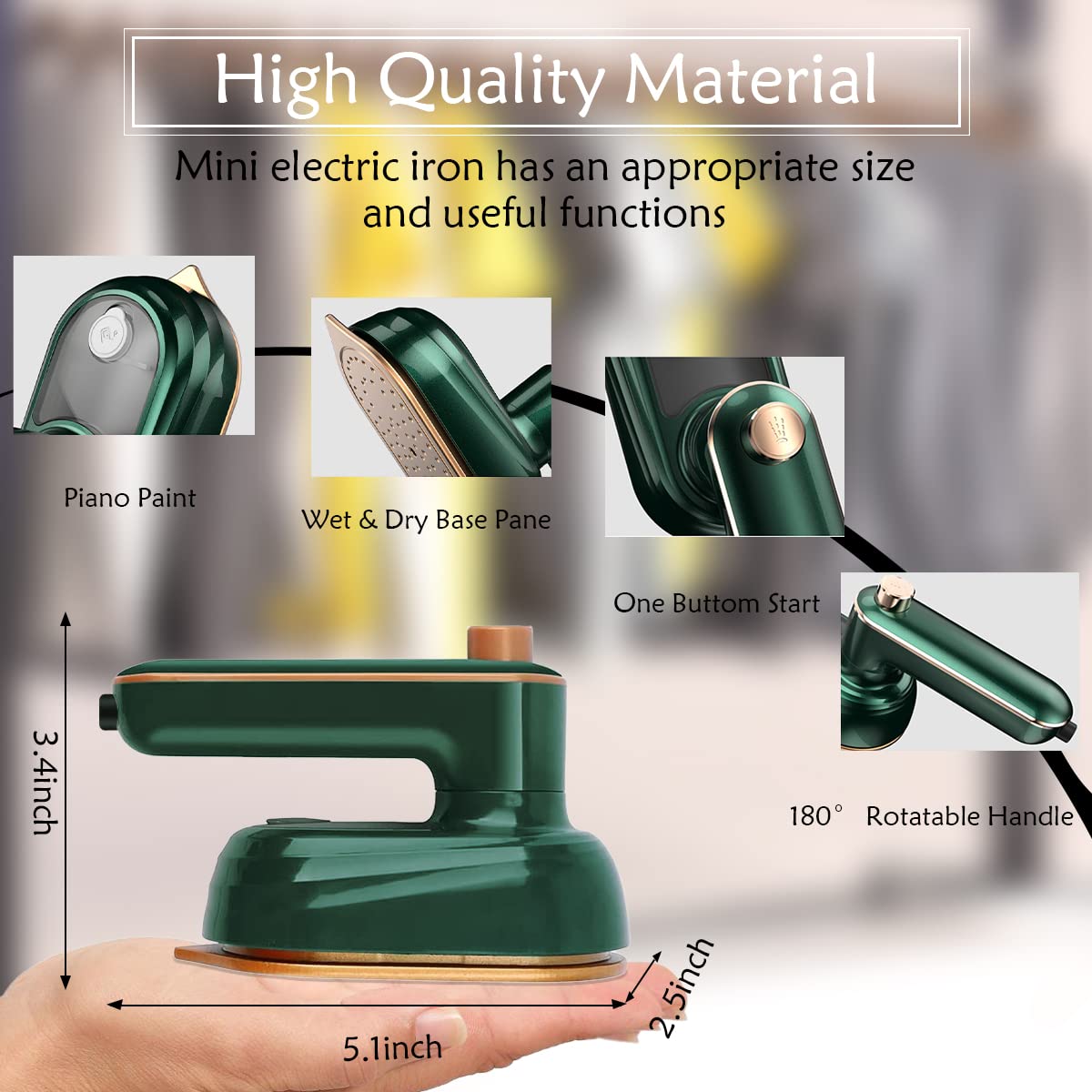 Mini Iron for Clothes, Portable Handheld Steam Iron - Handy Heat Press Small Iron - 360° Ironing Machine for Dry And Wet Ironing Support Dry And Wet Ironing for Home and Travel (Green)