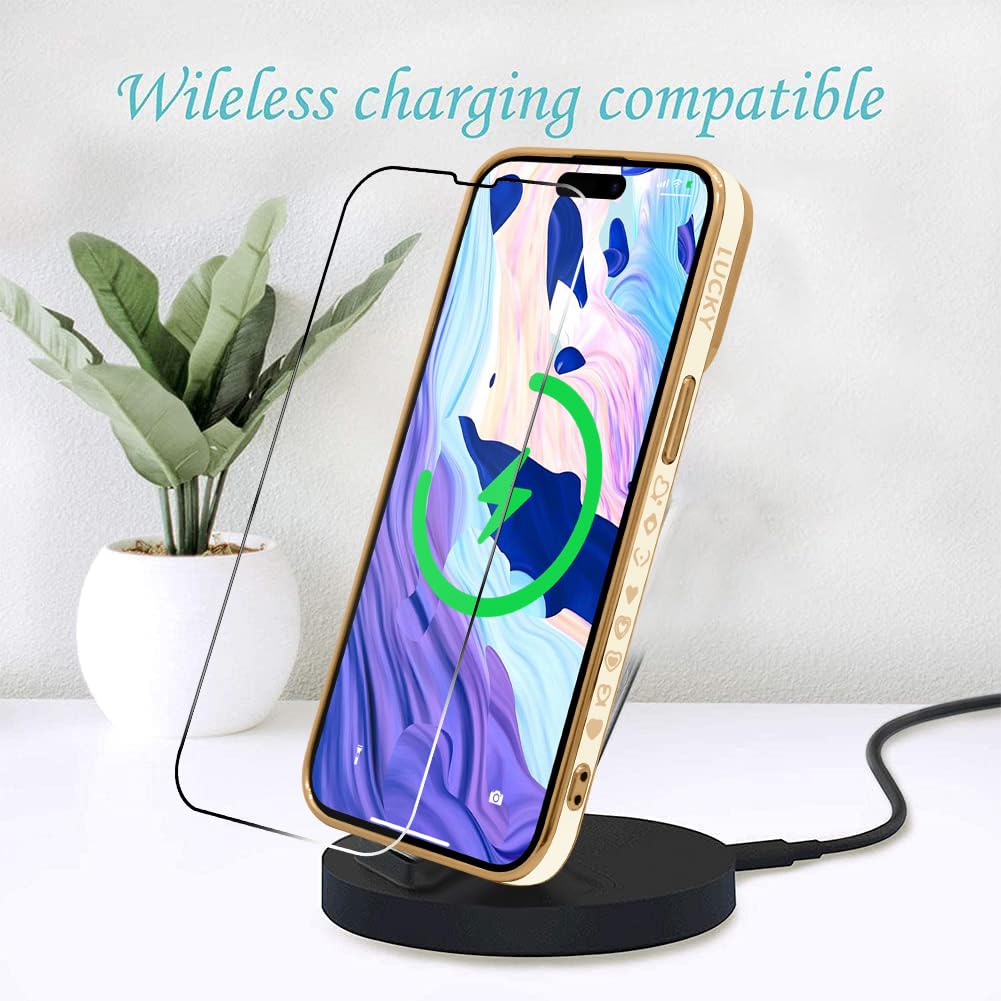 Fiyart Designed for iPhone 15 Plus Case Cute Love Plating for Women Girls with Screen Protector Camera Protective Luxury Electroplated TPU Phone Cover for iPhone 15 Plus 6.7 -White