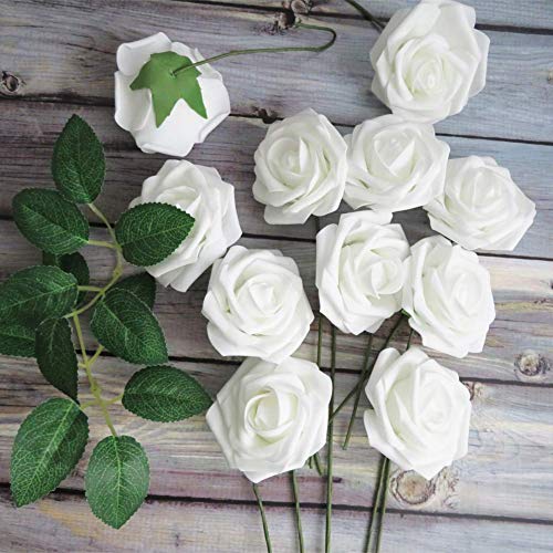 Artificial Flowers 25pcs White Real Looking Foam Rose Fake Flowers with Stem/Leaves for DIY Wedding Bouquets Centerpieces Floral Arrangments Home Party Decorations
