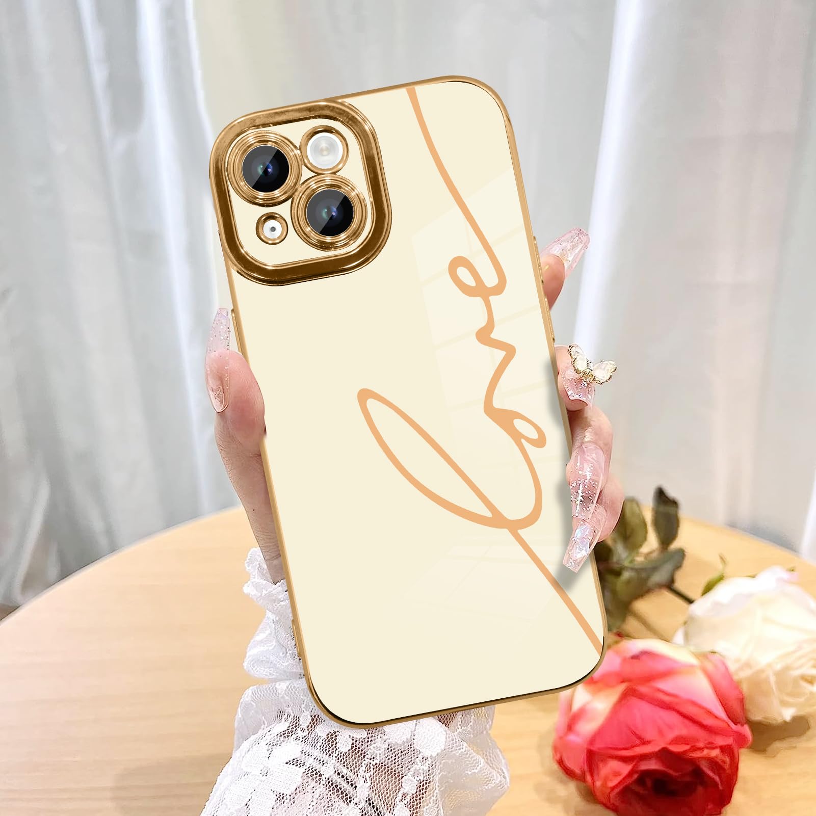 Fiyart Designed for iPhone 15 Plus Case Cute Love Plating for Women Girls with Screen Protector Camera Protective Luxury Electroplated TPU Phone Cover for iPhone 15 Plus 6.7 -White