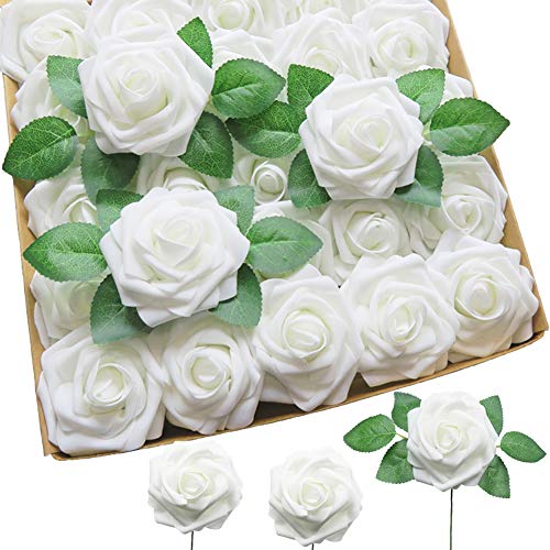 Artificial Flowers 25pcs White Real Looking Foam Rose Fake Flowers with Stem/Leaves for DIY Wedding Bouquets Centerpieces Floral Arrangments Home Party Decorations
