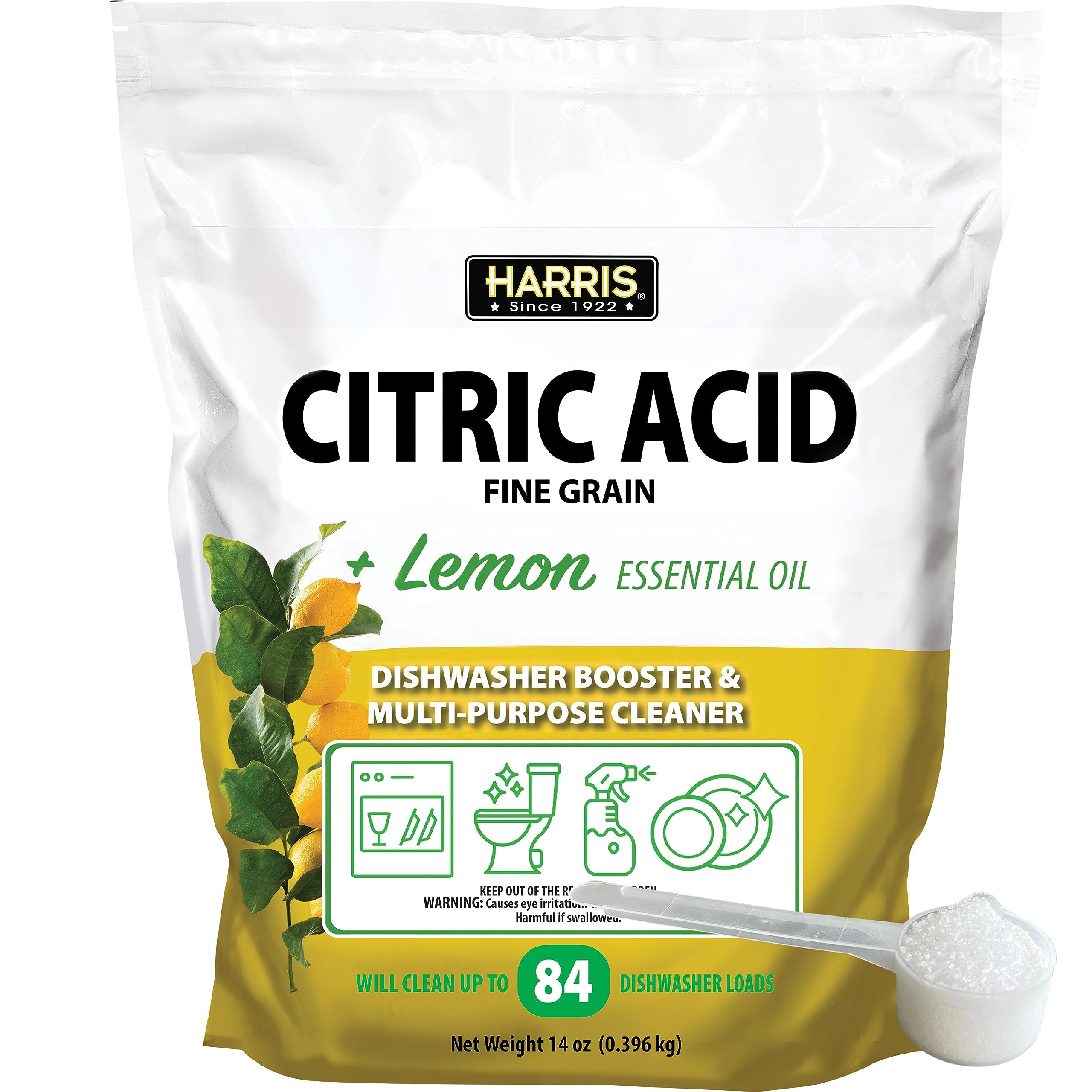 Harris Citric Acid Dishwasher Booster and Multipurpose Cleaner, 14oz, Cleans 84 Dishwasher Loads, with Scoop Included