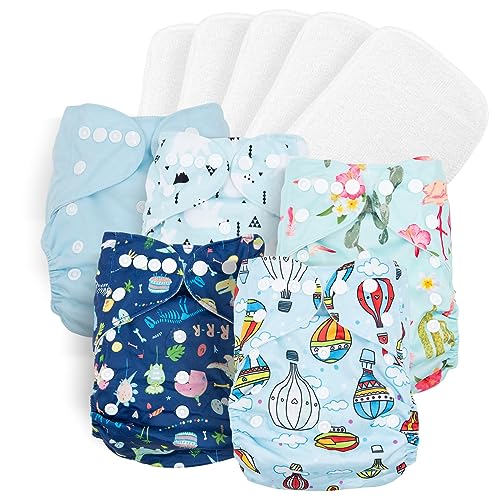 Baby Cloth Nappies for Babies 10 Pack Washable Nappies Diapers 5 Cloth Diapers & 5 Reusable Nappies Inserts Adjustable Super Absorbent Pocket Nappy for Infants (Blue Bear Balloon Flamingo)