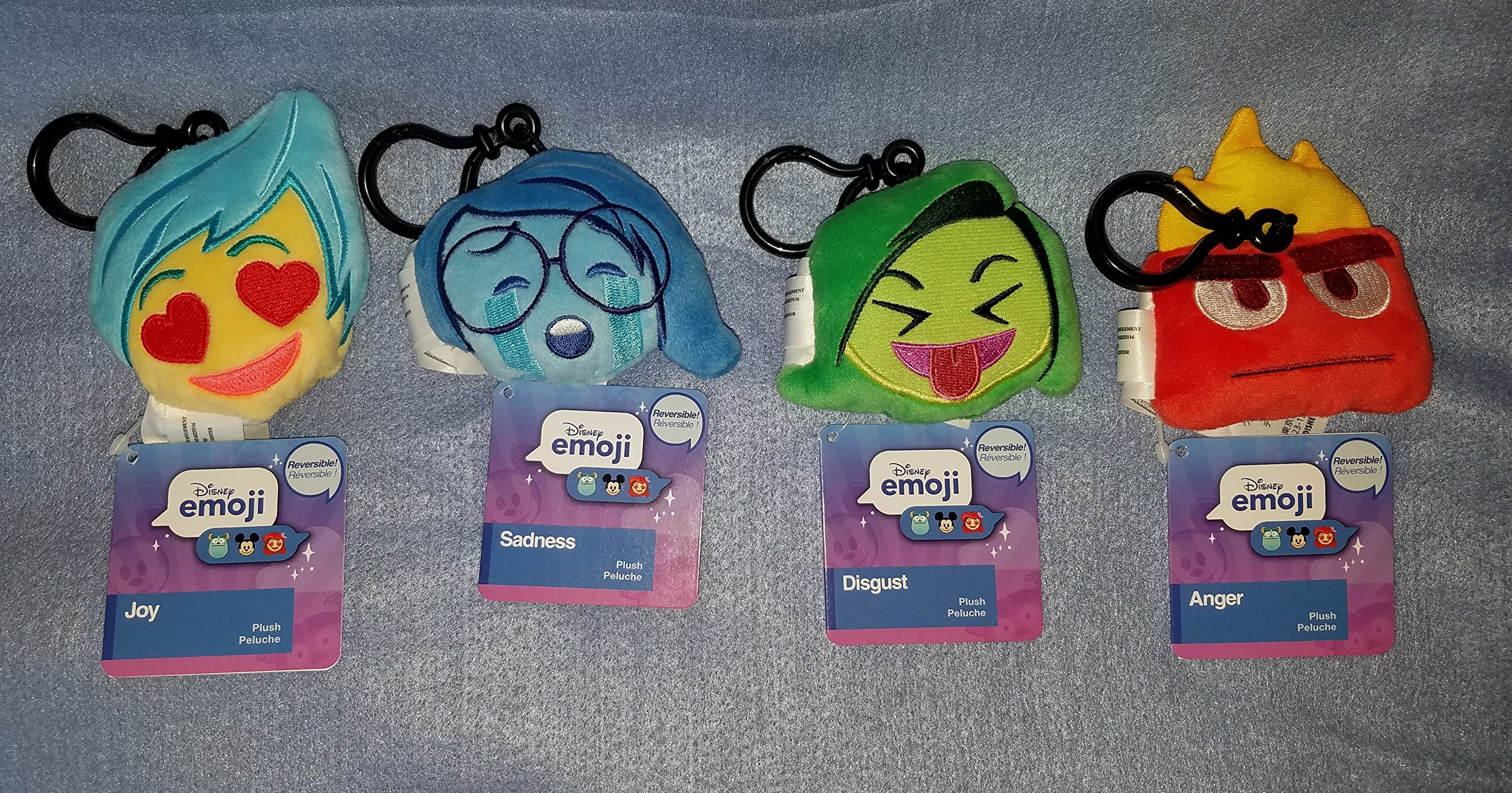 Global Horizons Disney Inside Out Reversible Plush Emoji Backpack Clip Keychain Set: Joy - Sadness - Anger - Disgust