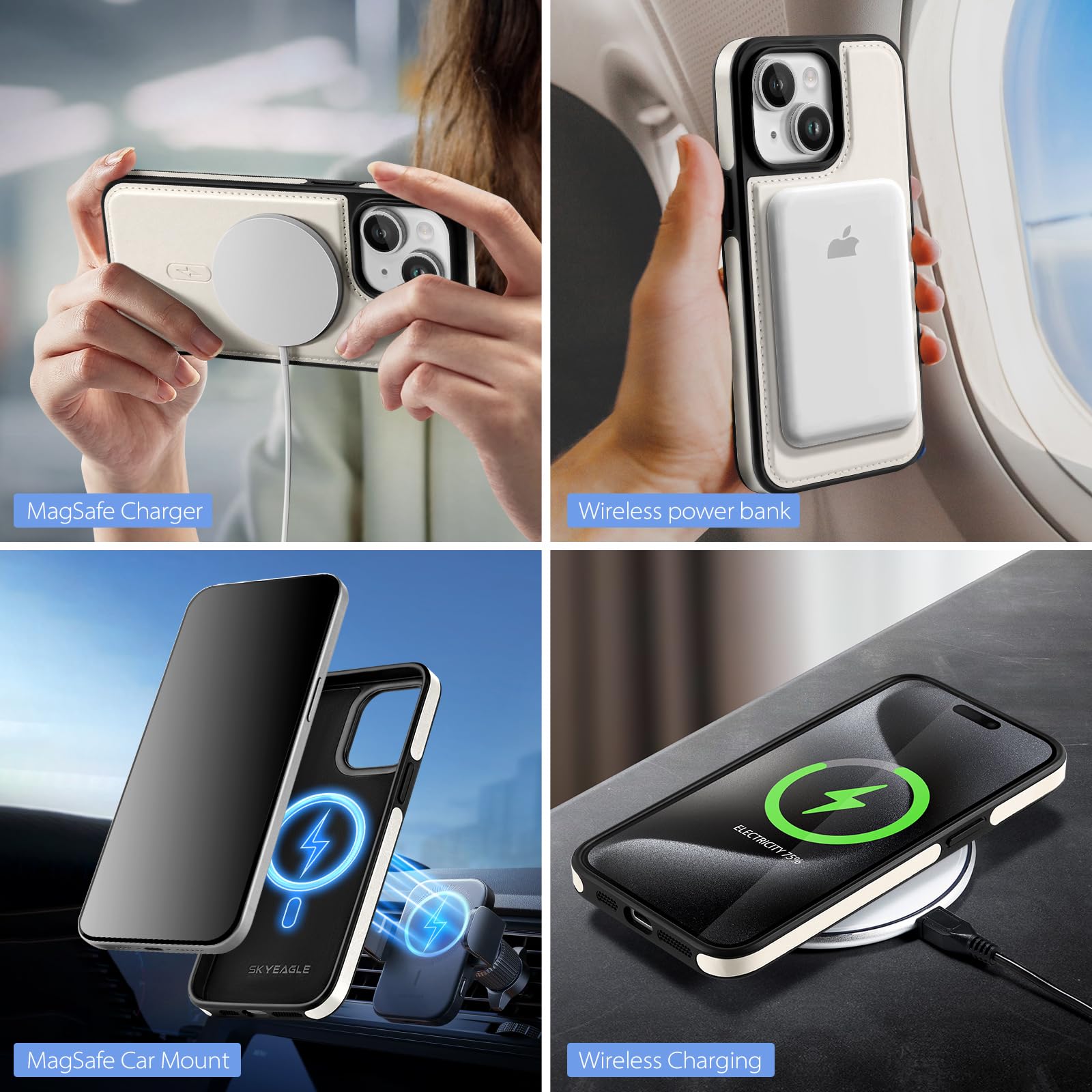 SkyEagle for Compatible Magsafe 2 in 1 Detachable iPhone 15 Wallet Case with Card Holder,Women Men Magnetic PU Leather RFID Blocking Flip Kickstand Credit Card Slots,for Apple 15 6.1",White
