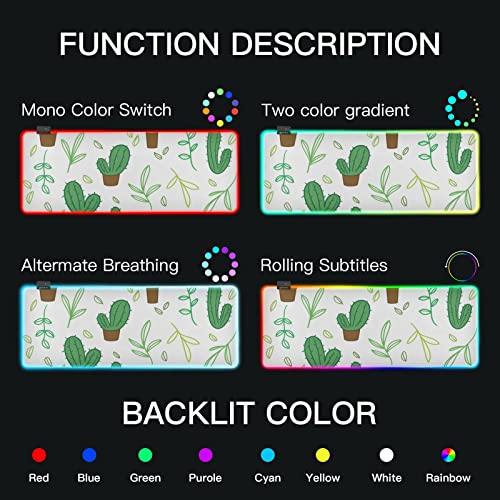 Large RGB Gaming Mouse Pad Cactus Plants Editorial Decoration Purposes Glowing Extended Mousepad 35.4x15.7in, Soft Anti-Slip Rubber Base Luminous Mouse Mat for Pc Laptop, Gaming, Office, Home