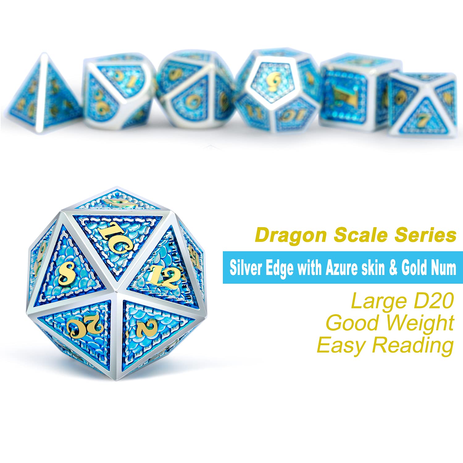 DNDND Dragon Skin Metal Dice Set, 7 PCS Metallic D&D Die with Metal Tin for DND Game (Azure with Silver Edge)