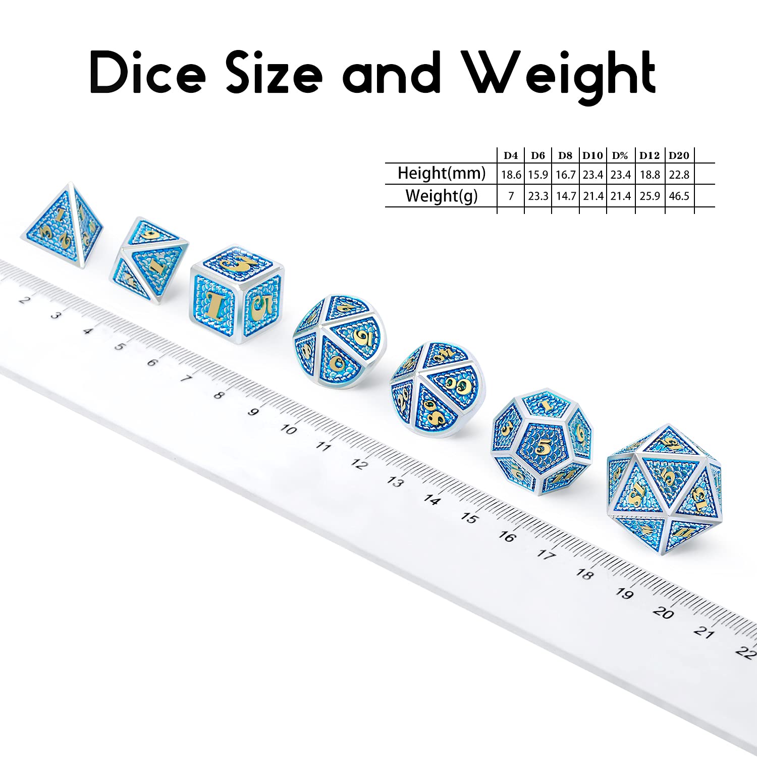 DNDND Dragon Skin Metal Dice Set, 7 PCS Metallic D&D Die with Metal Tin for DND Game (Azure with Silver Edge)