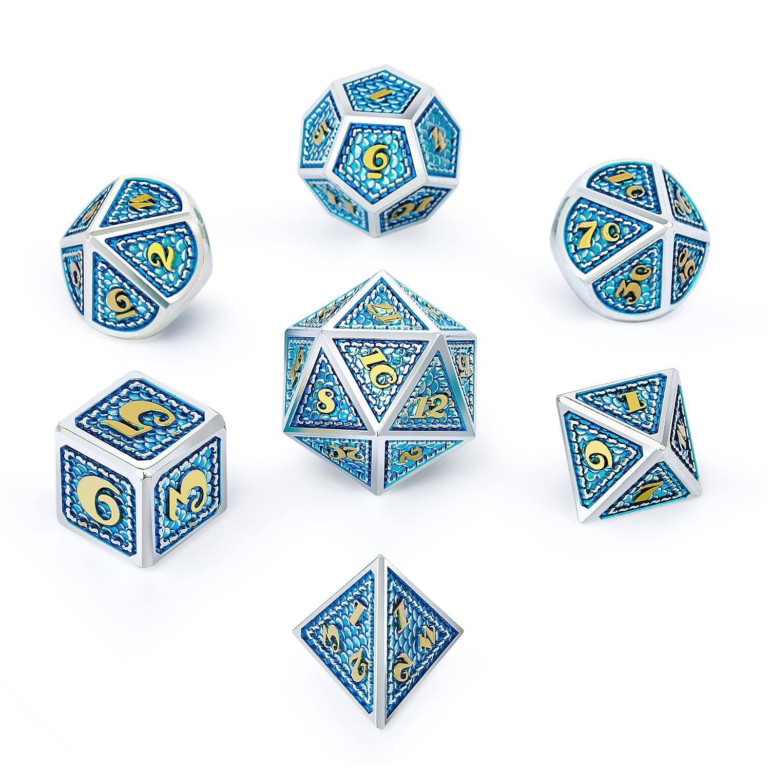 DNDND Dragon Skin Metal Dice Set, 7 PCS Metallic D&D Die with Metal Tin for DND Game (Azure with Silver Edge)
