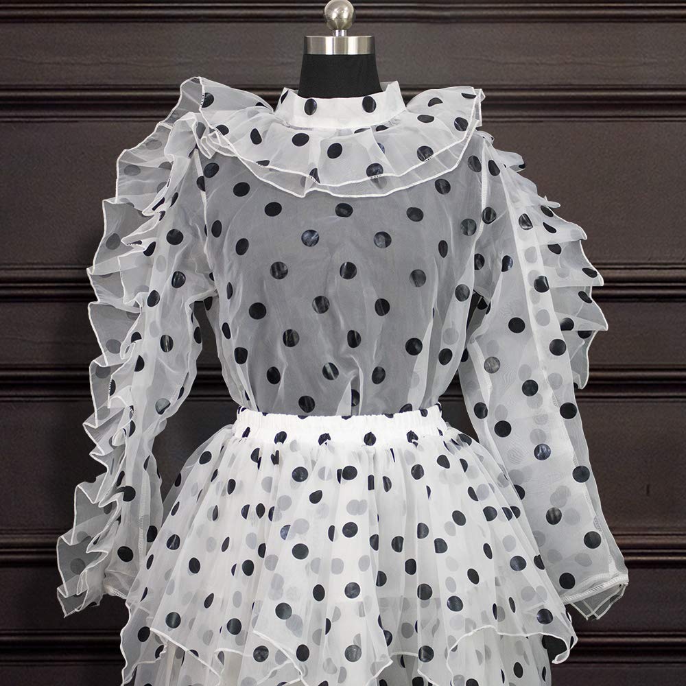 AOMEI Women's Polka Dot 2 Piece Sets Dress Transparent Ruffle Top Blouses Tulle Midi Puffy Skirt