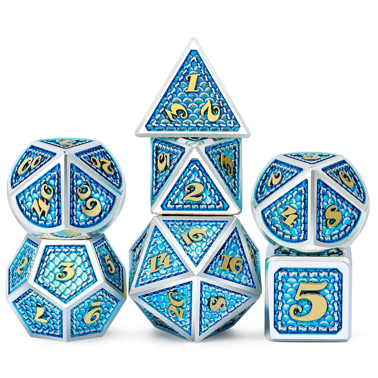 DNDND Dragon Skin Metal Dice Set, 7 PCS Metallic D&D Die with Metal Tin for DND Game (Azure with Silver Edge)