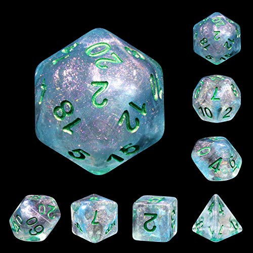 DND Polyhedral Dice RPG Dice for Dungeons and Dragons,Pathfinder,MTG,D&D Role Playing Game,Green Single Floating Transparent Flashing Green Glitter Dice Set,with Grey Waterproof Bag