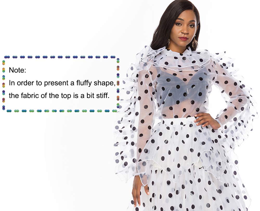 AOMEI Women's Polka Dot 2 Piece Sets Dress Transparent Ruffle Top Blouses Tulle Midi Puffy Skirt