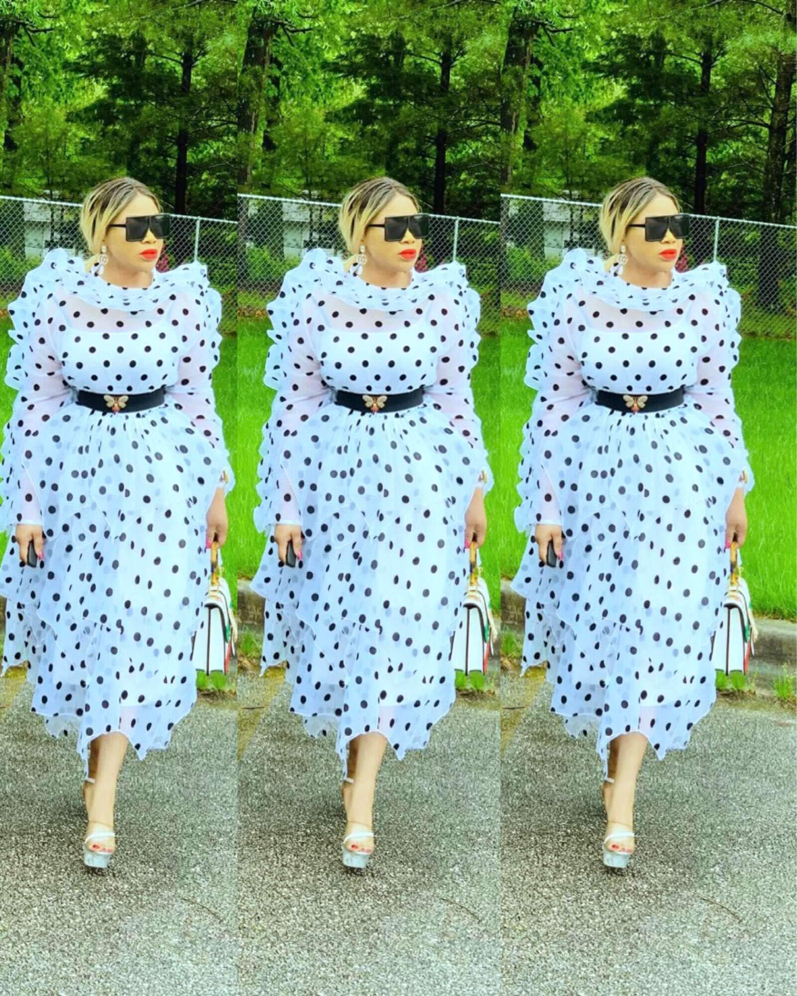 AOMEI Women's Polka Dot 2 Piece Sets Dress Transparent Ruffle Top Blouses Tulle Midi Puffy Skirt