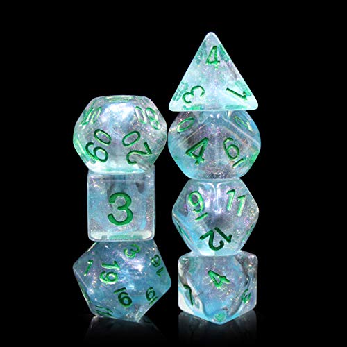 DND Polyhedral Dice RPG Dice for Dungeons and Dragons,Pathfinder,MTG,D&D Role Playing Game,Green Single Floating Transparent Flashing Green Glitter Dice Set,with Grey Waterproof Bag