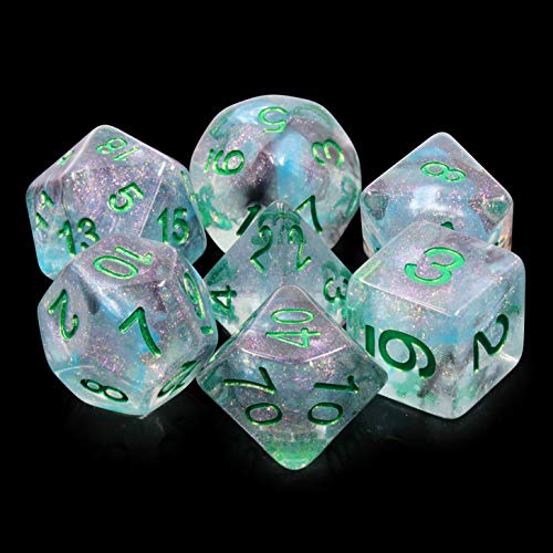 DND Polyhedral Dice RPG Dice for Dungeons and Dragons,Pathfinder,MTG,D&D Role Playing Game,Green Single Floating Transparent Flashing Green Glitter Dice Set,with Grey Waterproof Bag
