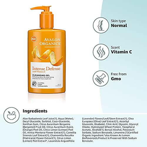 Avalon Organics Cleansing Gel, Intense Defense with Vitamin C, 8.5 Oz