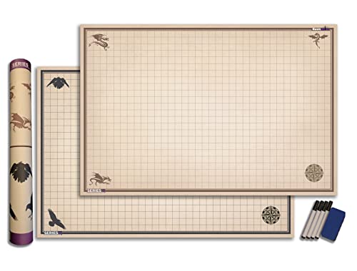DND Battle Mat Ultimate 2 Pack Starter Set Accessory for RPG Role Playing Games 24" X 36" Ultradurable Non-Staining Dry/Wet Erase Premium Vinyl Battle Grid Ravnspire Series 0 (Series 0)