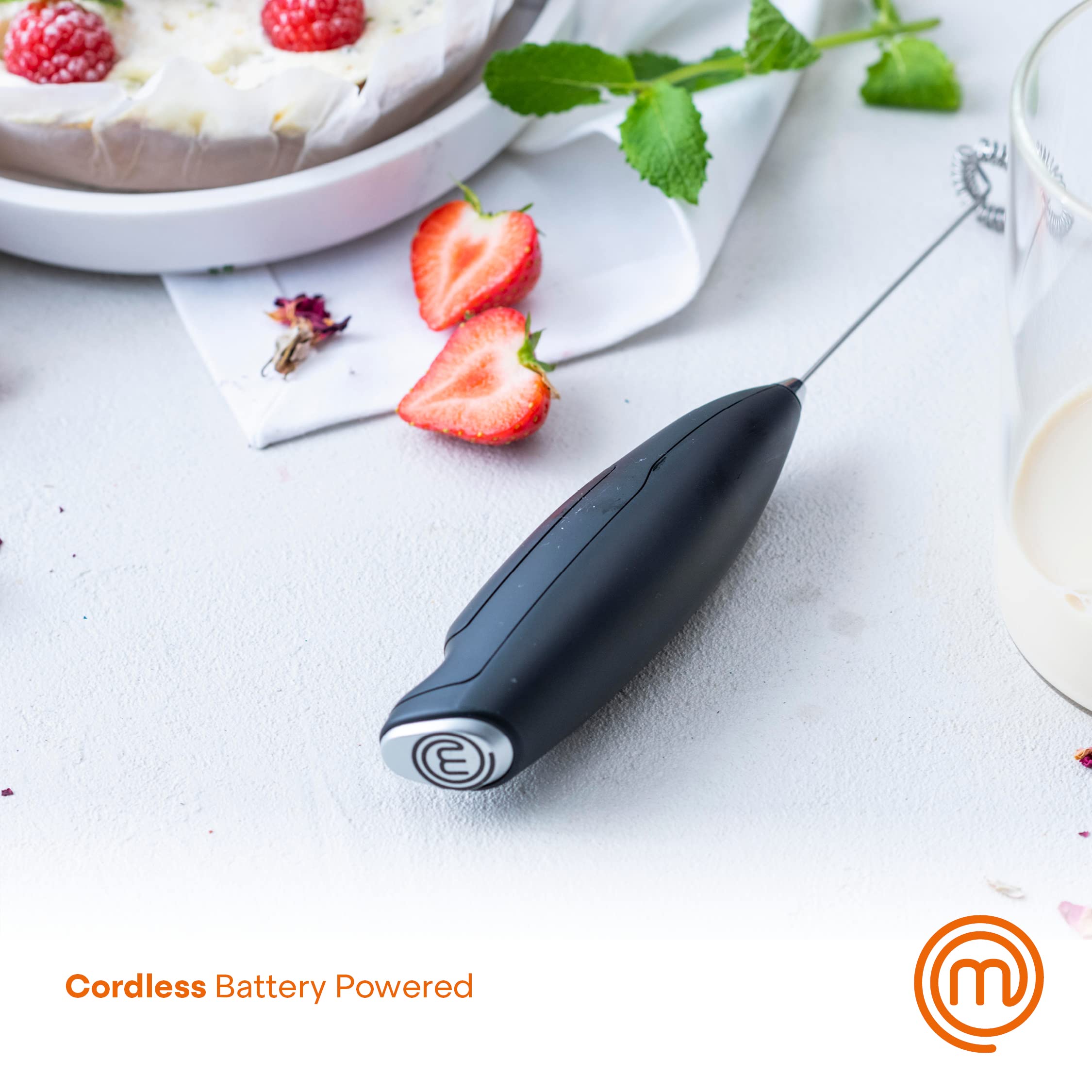 MasterChef Milk Frother for Coffee, Handheld Electric Matcha Whisk, Mini Stainless Steel Frothing Wand for Cappuccino & Latte, Portable Hand Held Drink Foamer with Soft Touch Handle, Battery Powered