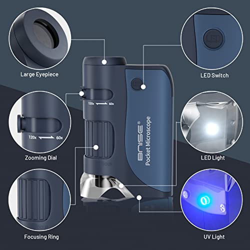 Pocket Microscope 60X-120X, Portable Handheld Microscope for Kids, Mini Microscope with 5pcs Microscope Slides for Learning, Education and Exploring