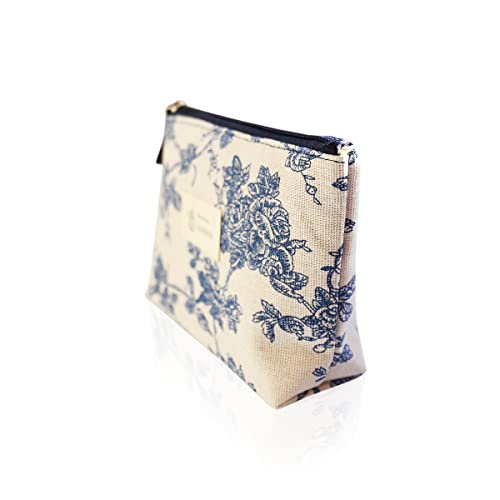 Mini Momo Makeup Bag Travel Organizer Toiletry Pouch for Women Small Cosmetic Case for Purse, Cute Fabric Storage Clutch (Small Makup Bag - Floral Blue)