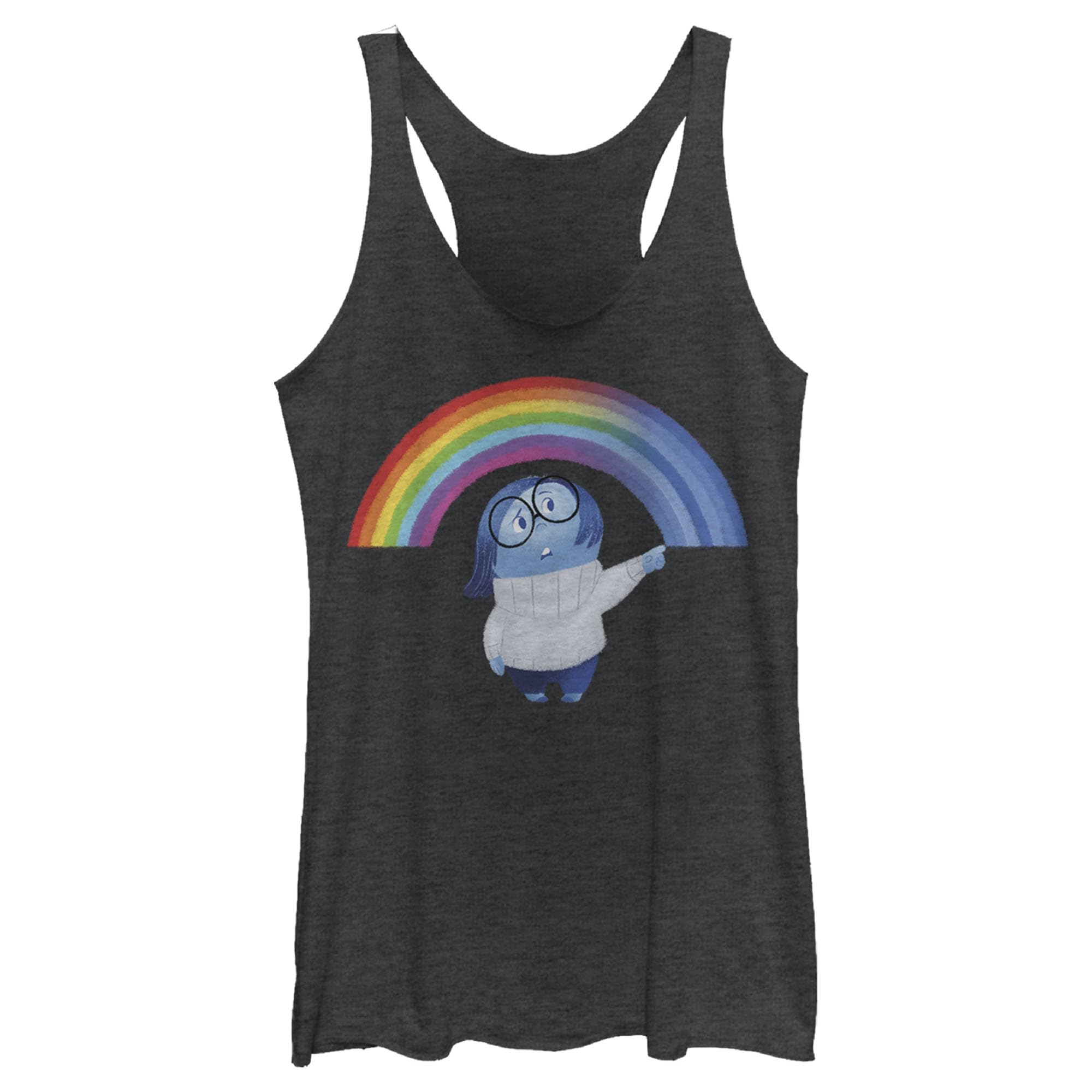 Pixar Inside Out Sadness Rainbow Women's Racerback Tank Top, Black Heather, Medium