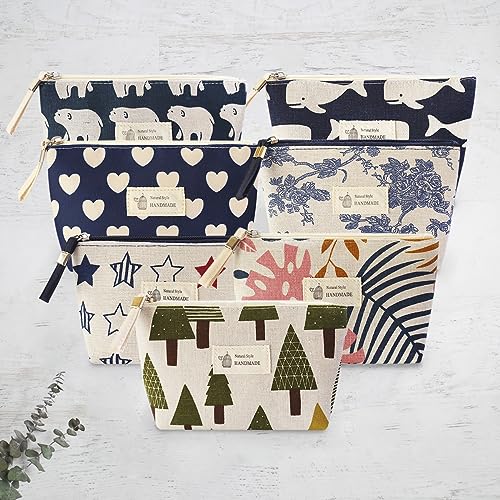 Mini Momo Makeup Bag Travel Organizer Toiletry Pouch for Women Small Cosmetic Case for Purse, Cute Fabric Storage Clutch (Small Makup Bag - Floral Blue)