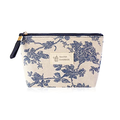 Mini Momo Makeup Bag Travel Organizer Toiletry Pouch for Women Small Cosmetic Case for Purse, Cute Fabric Storage Clutch (Small Makup Bag - Floral Blue)