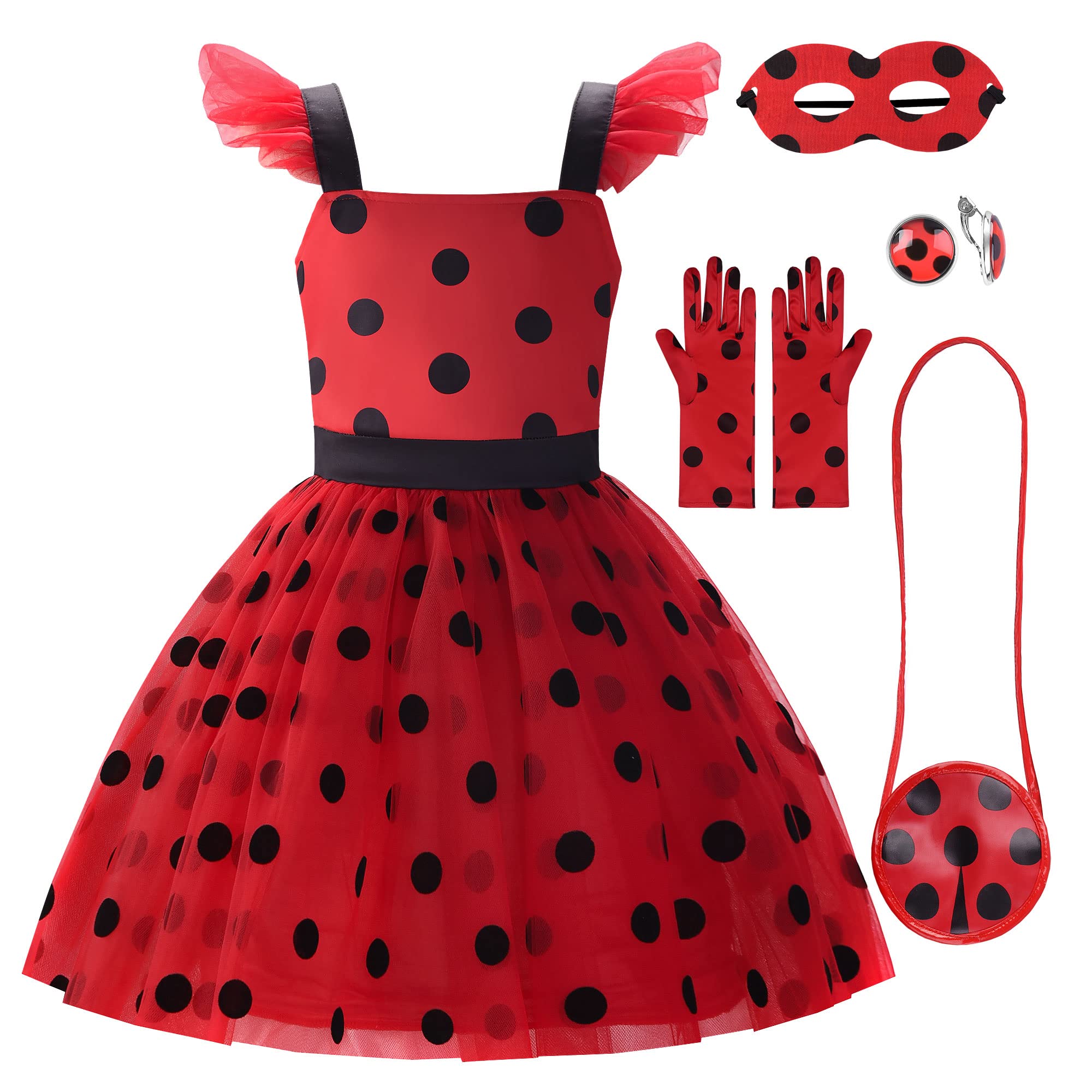 Uplus ME Ladybug Costume Girls Ladybug Dress Lady Bug Costumes for Kids Toddler Ladybird Dress Up Set for Halloween Birthday (3-4T/110)
