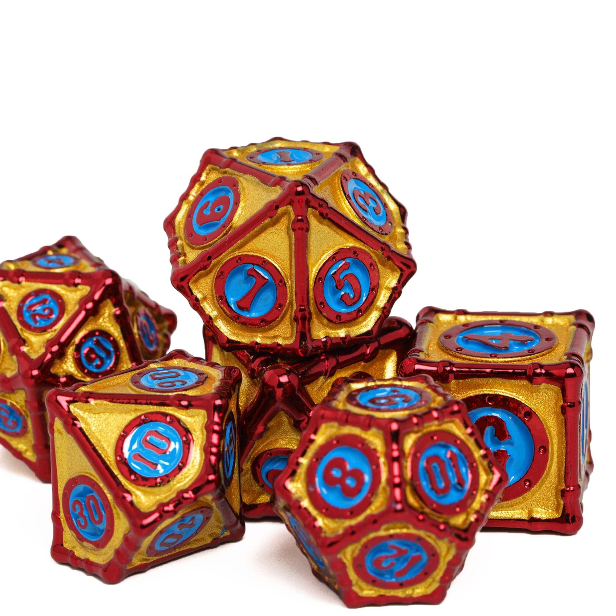 UDIXI Metal DND Dice Set, 7PCS Polyhedral D&D Dice Set Pipe d n d Dice for Dungeons and Dragons Gift, Metal Dice Set d&d for Role Playing Dice(Golden Blue)