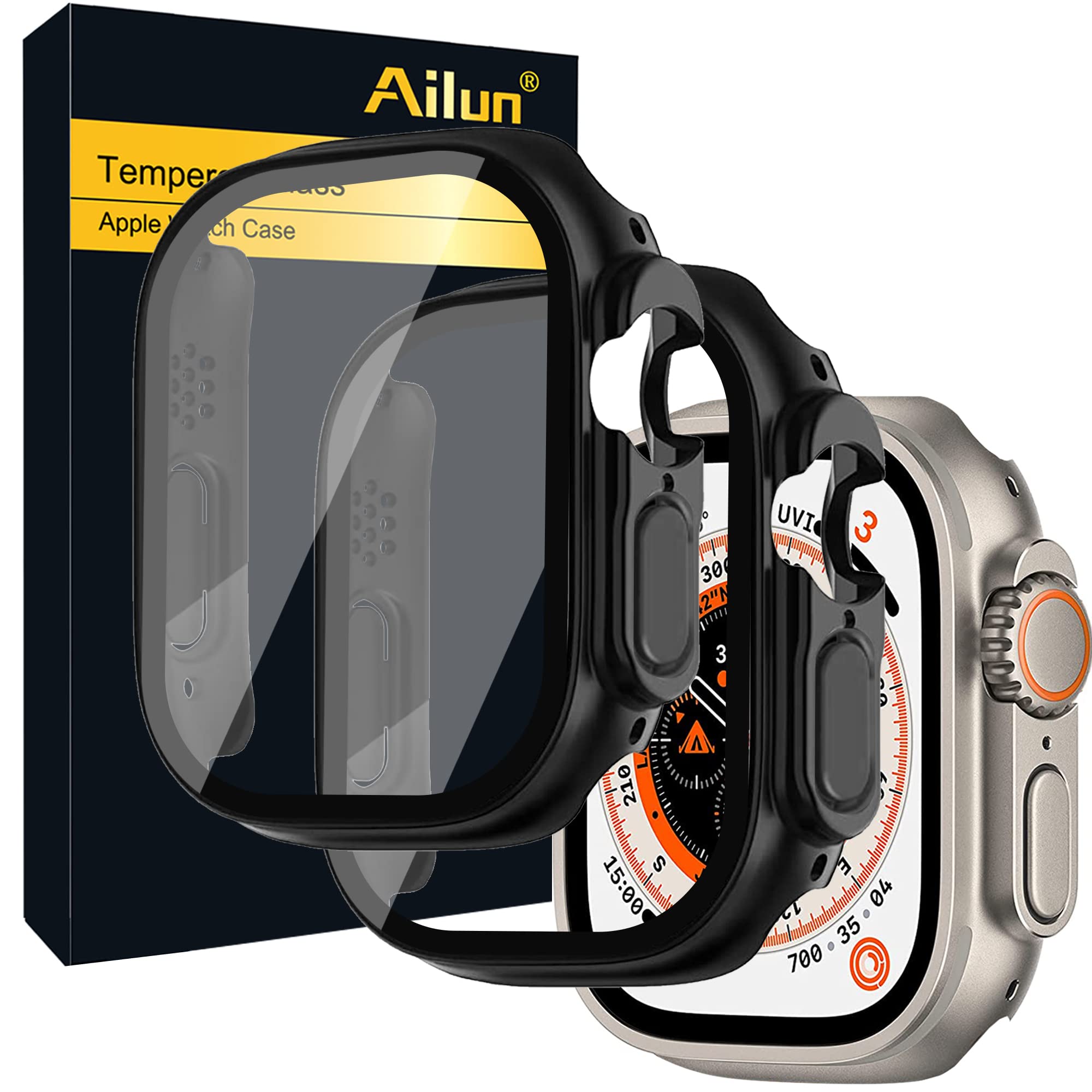 Ailun for 2022/2023 Apple Watch Ultra 2/Ultra Screen Protector Case [49mm], Ultra-Thin Hard PC Case Built in Tempered Glass for iWatch, Shockproof Cover with Button [2 Pack][Black]