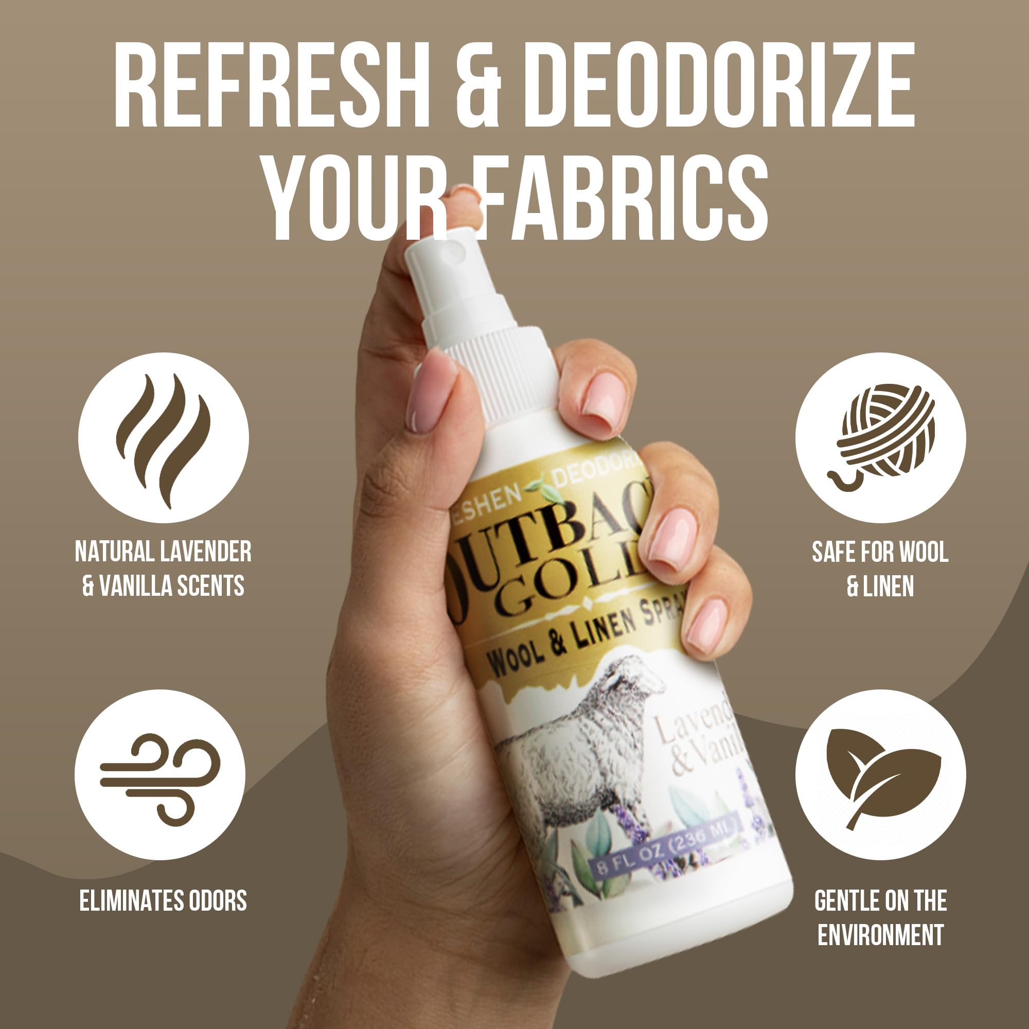 Outback Gold - Wool Cashmere Spray, Linen Sprays for Pillows and Sheets, Bed Spray Freshener & Deodorizers for Home, Lavender & Vanilla Fabric Sprays, Natural Fabric Freshener - 8 Fl Oz