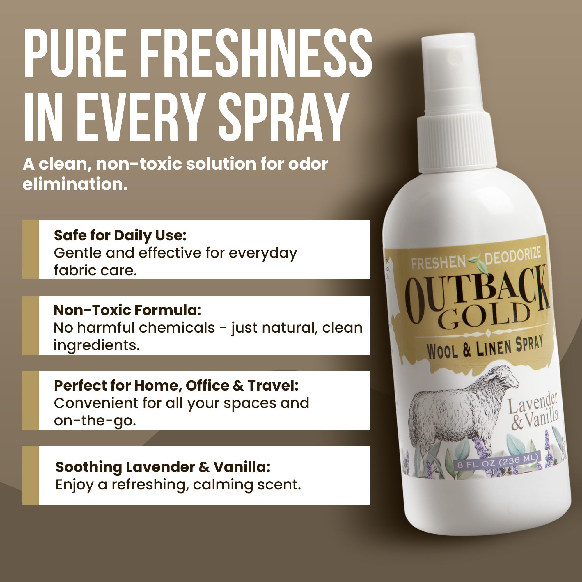 Outback Gold - Wool Cashmere Spray, Linen Sprays for Pillows and Sheets, Bed Spray Freshener & Deodorizers for Home, Lavender & Vanilla Fabric Sprays, Natural Fabric Freshener - 8 Fl Oz