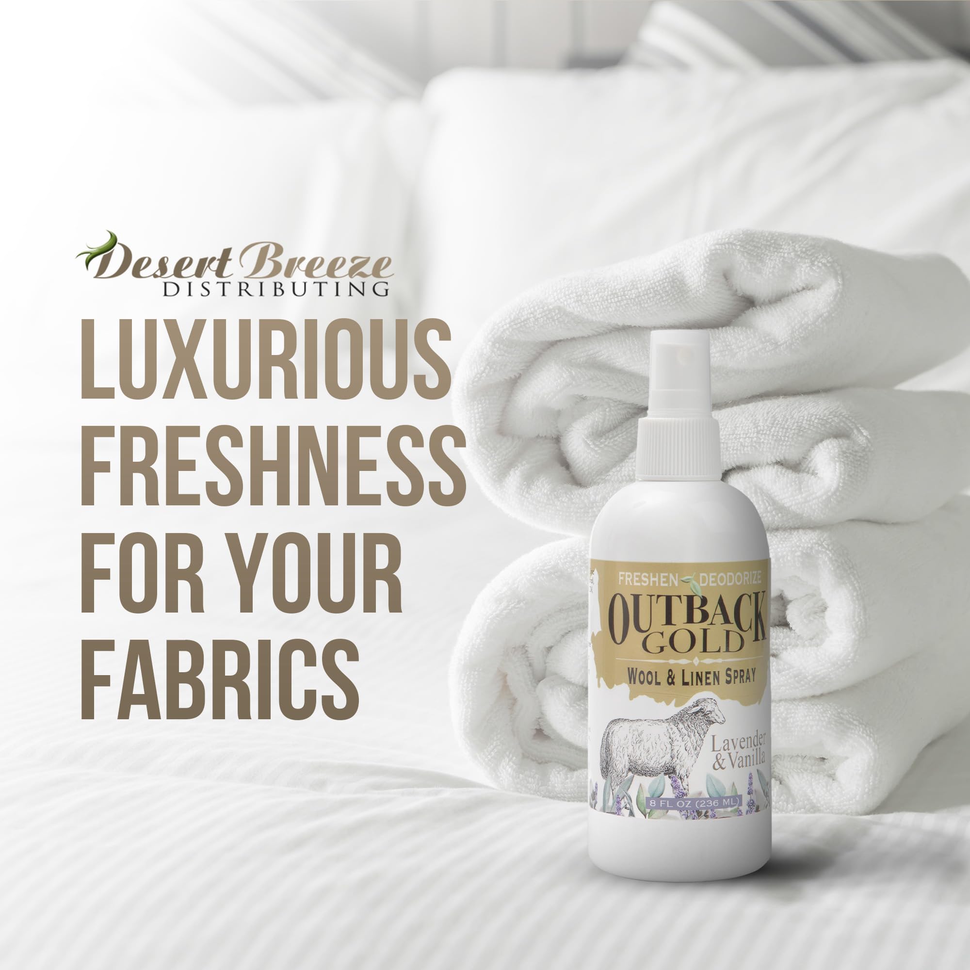 Outback Gold - Wool Cashmere Spray, Linen Sprays for Pillows and Sheets, Bed Spray Freshener & Deodorizers for Home, Lavender & Vanilla Fabric Sprays, Natural Fabric Freshener - 8 Fl Oz