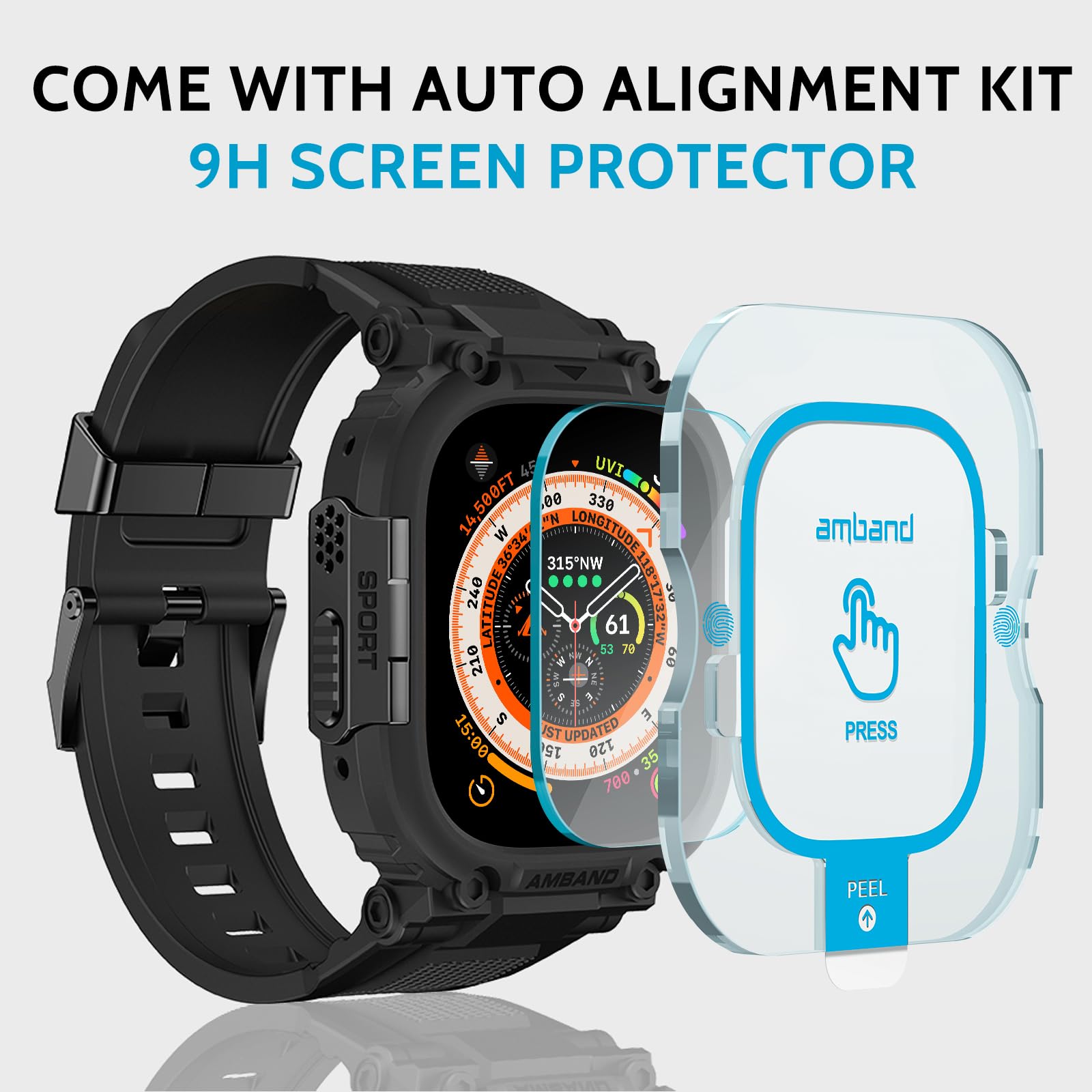 amBand Bands Case Screen Protector Compatible with Apple Watch Ultra 2/1 49mm for Men, M1 Sport Series Rugged Cover Strap and 9H Tempered Glass, Military Protective Bumper for iWatch 49 mm Men Black