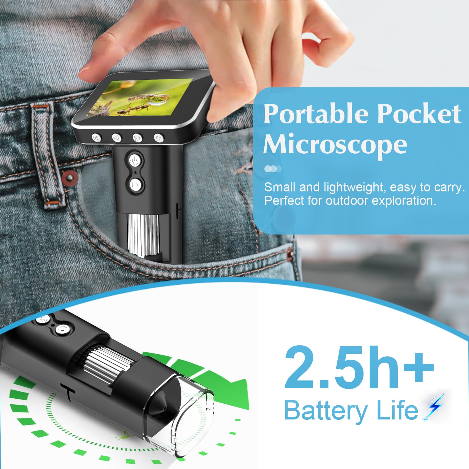 Kuaguozhe Handheld Digital Microscope with 900x Magnification, 2.4" LCD Screen, LED Light, Black Glass Body, USB Cable, 32GB SD Card and Sample Slides