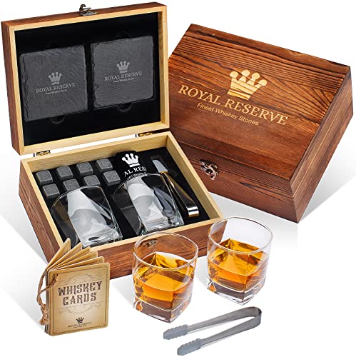 Whiskey Stones Gift Set by Royal Reserve | Artisan Crafted Chilling Rocks Scotch Bourbon Glasses and Slate Table Coasters โ Gift for Guy Men Dad Boyfriend Anniversary or Retirement Regalos para hombre
