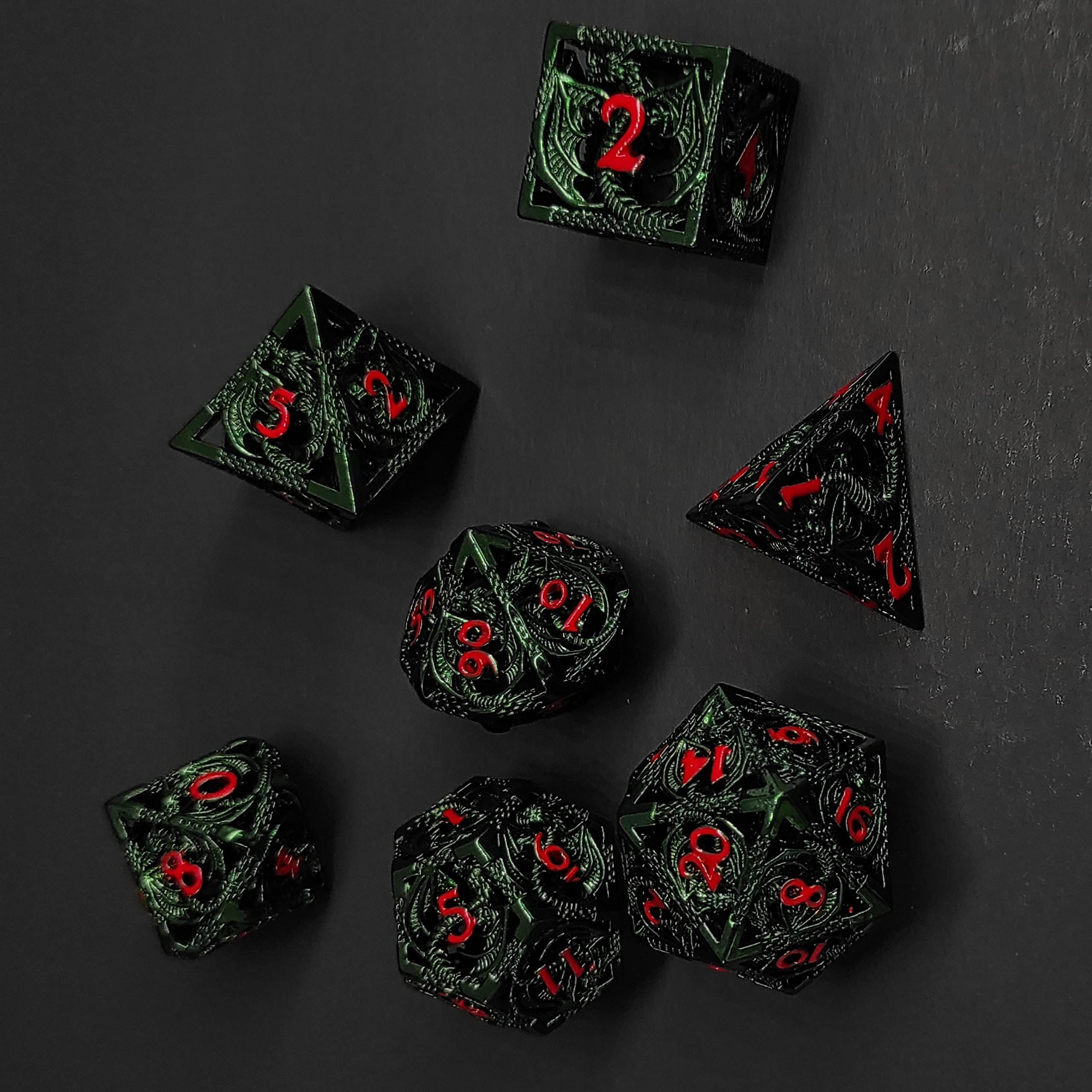 FOXBITE Green Hollow metal 7 Pcs Metal Dice Set D&D Dice Set, Polyhedral Dice Set for Dungeons and Dragons Dice, Blood Spattered Role Playing Dice Set, D+D RPG D and D Dice D20 D12(Rogue)