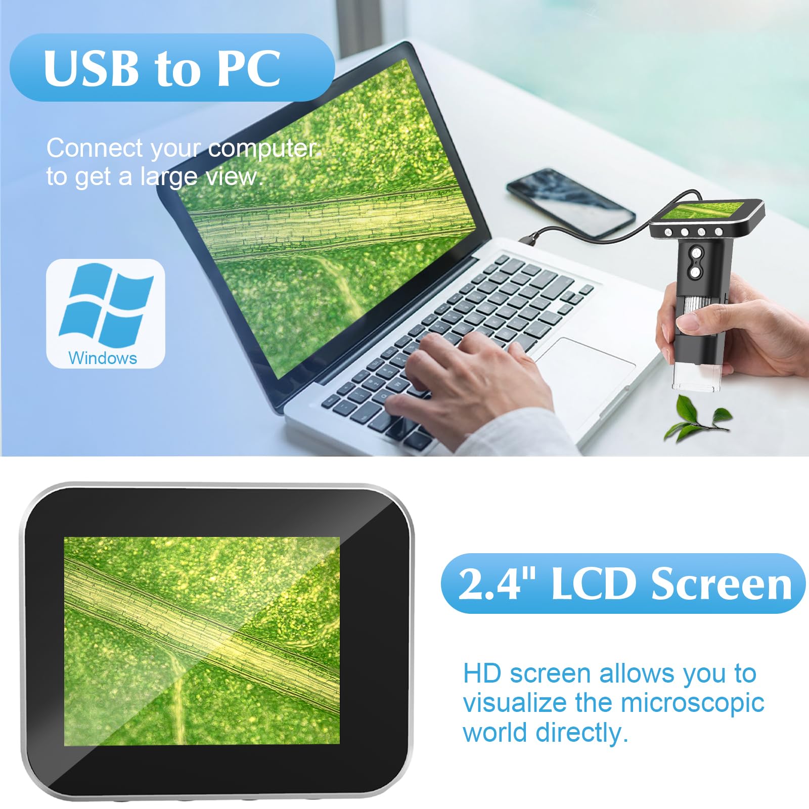 Kuaguozhe Handheld Digital Microscope with 900x Magnification, 2.4" LCD Screen, LED Light, Black Glass Body, USB Cable, 32GB SD Card and Sample Slides