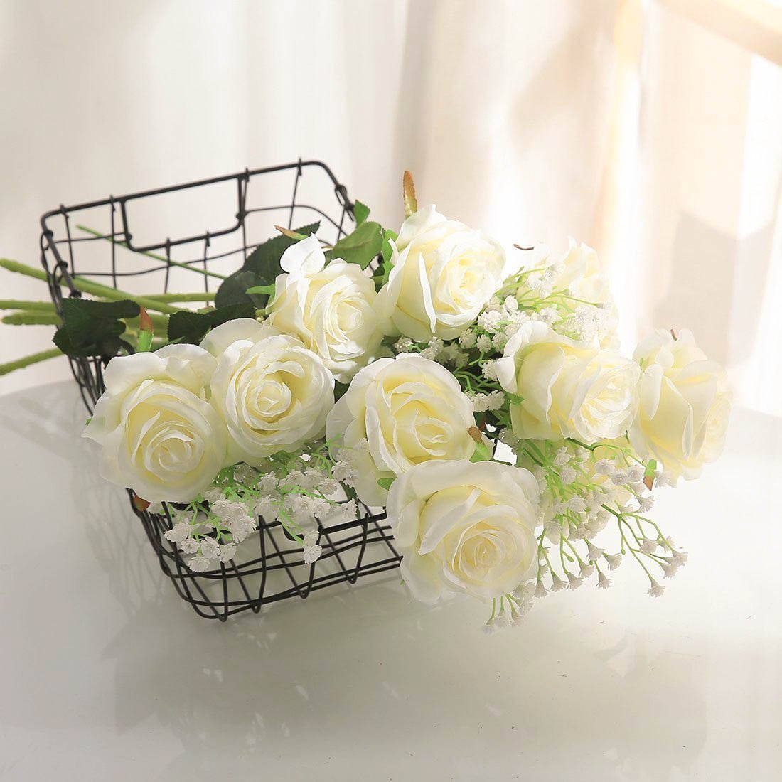 JUSTOYOU 10Pcs Artificial Roses Flowers, Realistic Blossom Roses, Real Touch Silk Rose, Single Fake Flower Long Stem Bouquets for Home Wedding Party Decoration