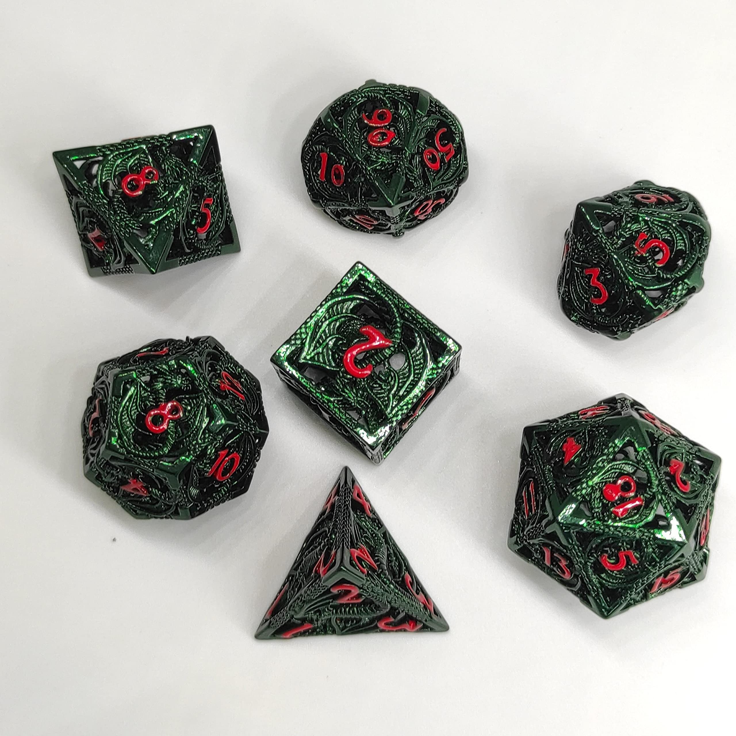 FOXBITE Green Hollow metal 7 Pcs Metal Dice Set D&D Dice Set, Polyhedral Dice Set for Dungeons and Dragons Dice, Blood Spattered Role Playing Dice Set, D+D RPG D and D Dice D20 D12(Rogue)