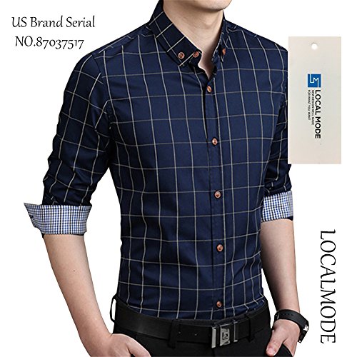 LOCALMODE Men's 100% Cotton Long Sleeve Plaid Slim Fit Button Down Dress Shirt,Navy Blue,Large