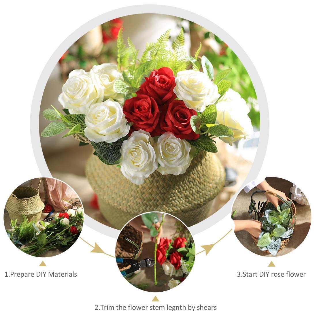 JUSTOYOU 10Pcs Artificial Roses Flowers, Realistic Blossom Roses, Real Touch Silk Rose, Single Fake Flower Long Stem Bouquets for Home Wedding Party Decoration