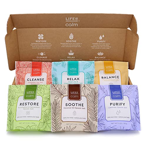 Life Is Calm Epsom Salt Spa 6-Pack l Dissolvable Therapy Formulas for Bath (Restore, Clense, Relax, Balance, Purify & Soothe)