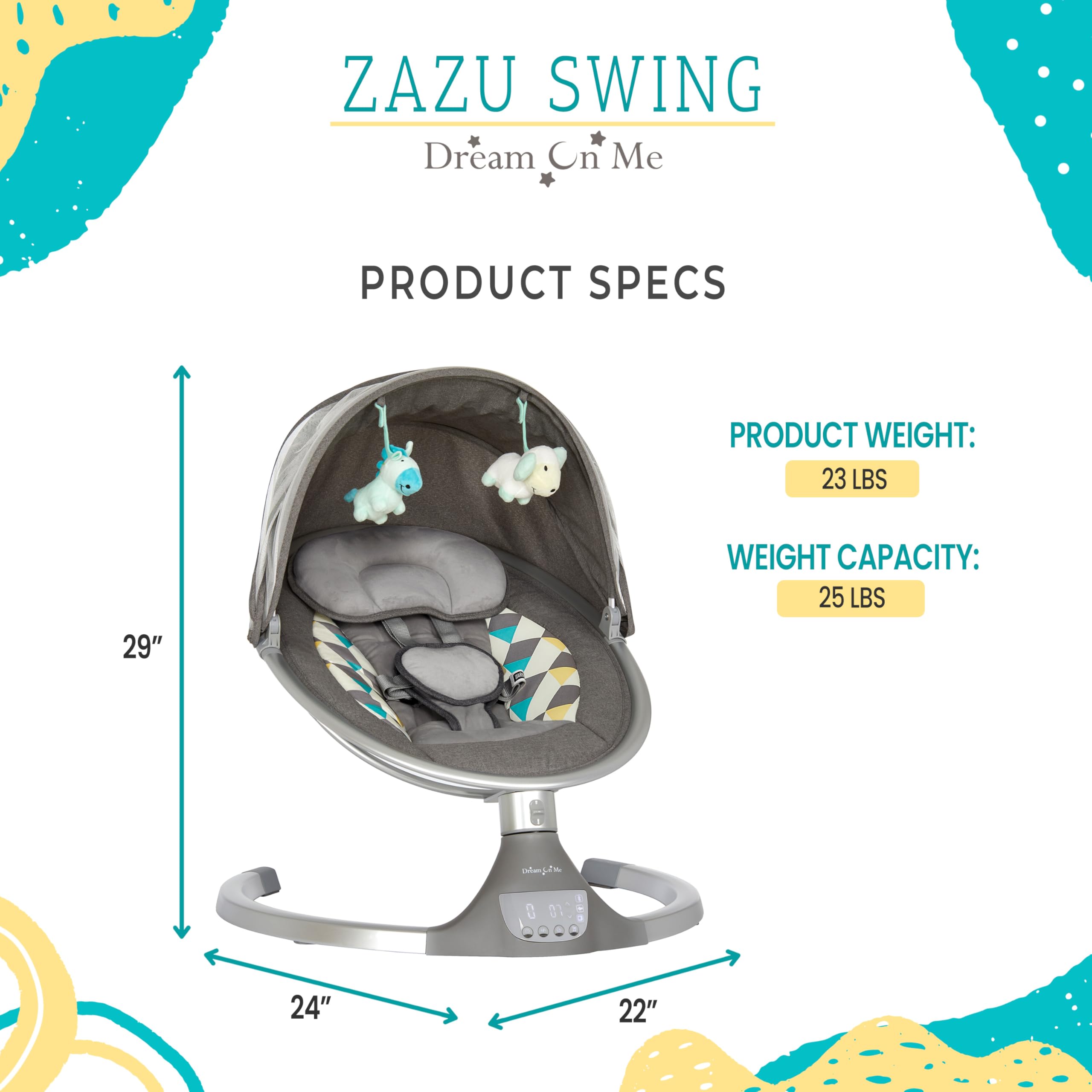 Dream On Me Zazu Baby Swing, Baby Swing for Infant, 5 - Swinging Speed, Two Attached Toys, Bluetooth Enabled and Remote Control, Grey and Blue